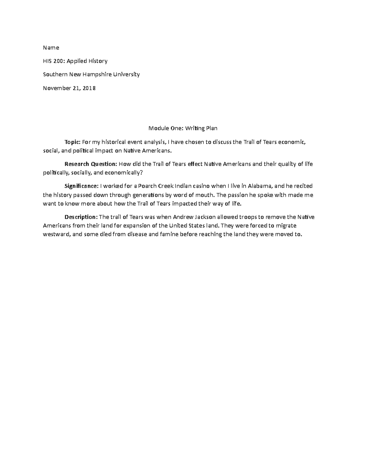 Module 1 Writing Plan - Assignment - Name HIS 200: Applied History ...
