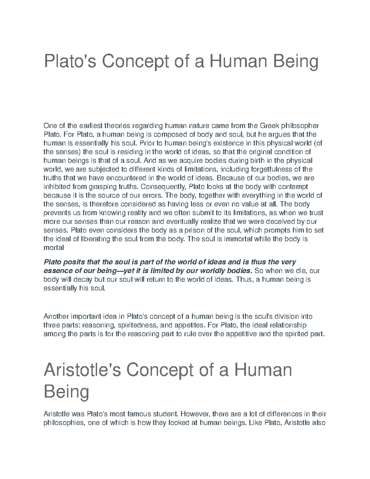 Plato, Aristotle, Descartes - Plato's Concept of a Human Bei ng One of ...