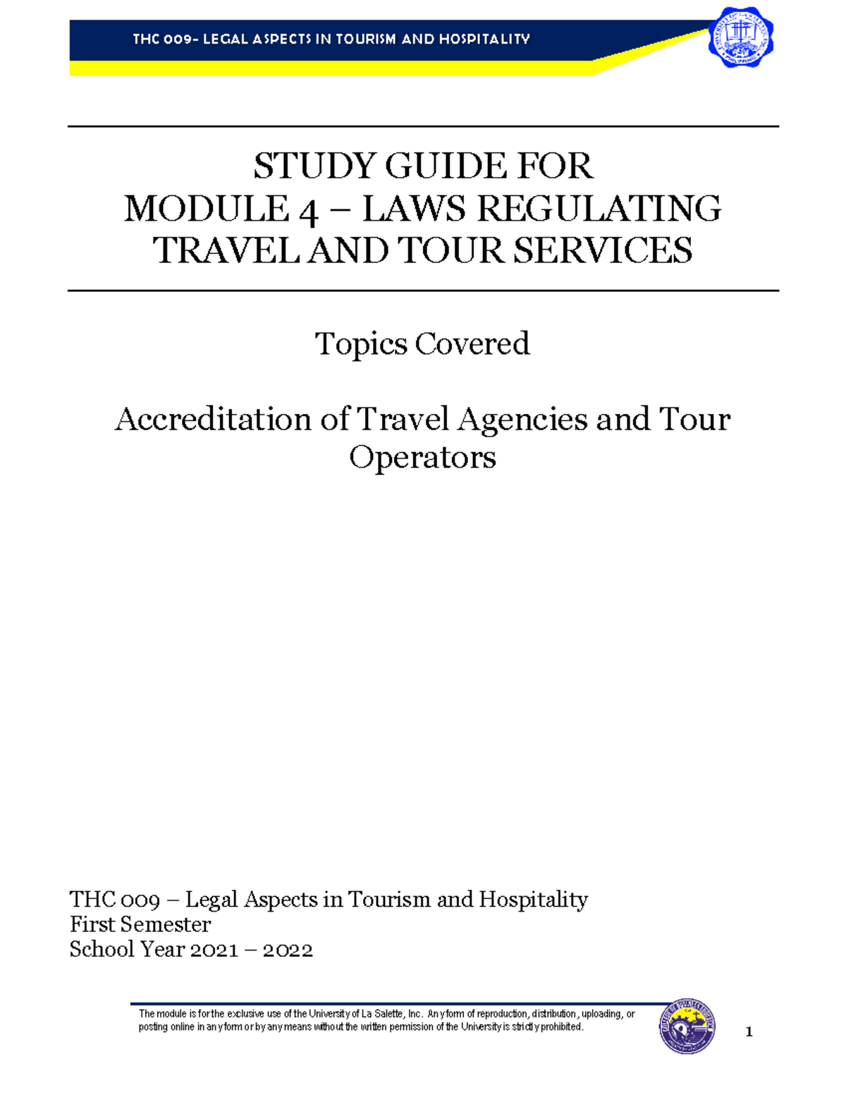Module 4 –Laws Regulating Travel and Tours Services - The module is for ...
