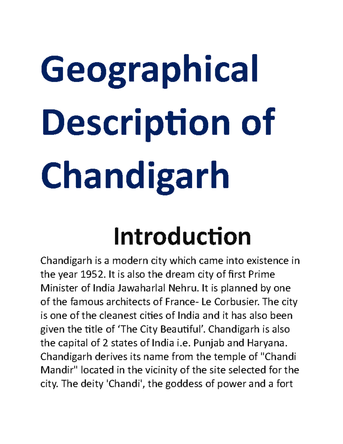 Geographical Description of Chandigarh - Geographical Description of ...