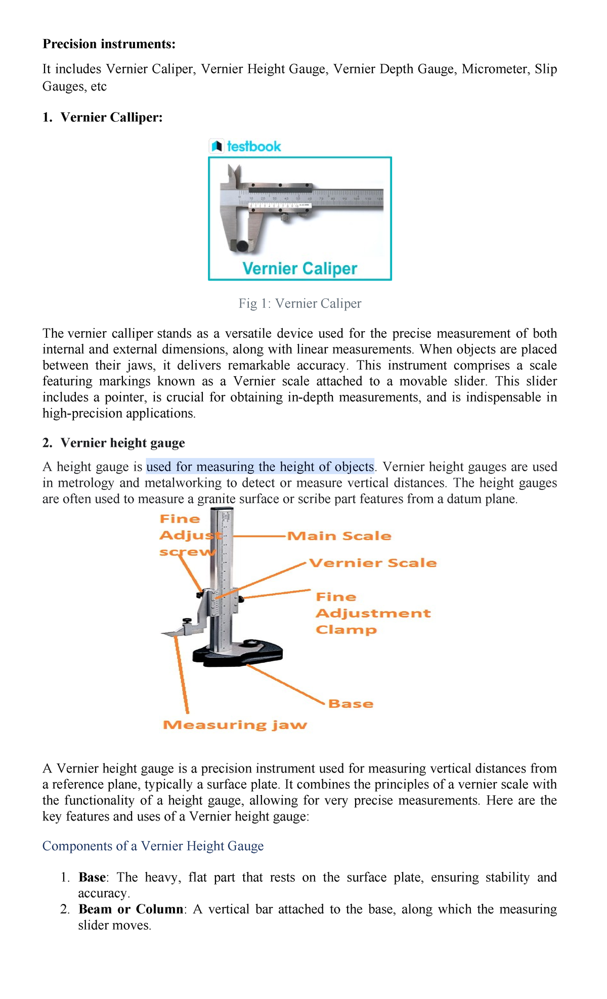 Precision instruments - Vernier Calliper: Fig 1: Vernier Caliper The ...