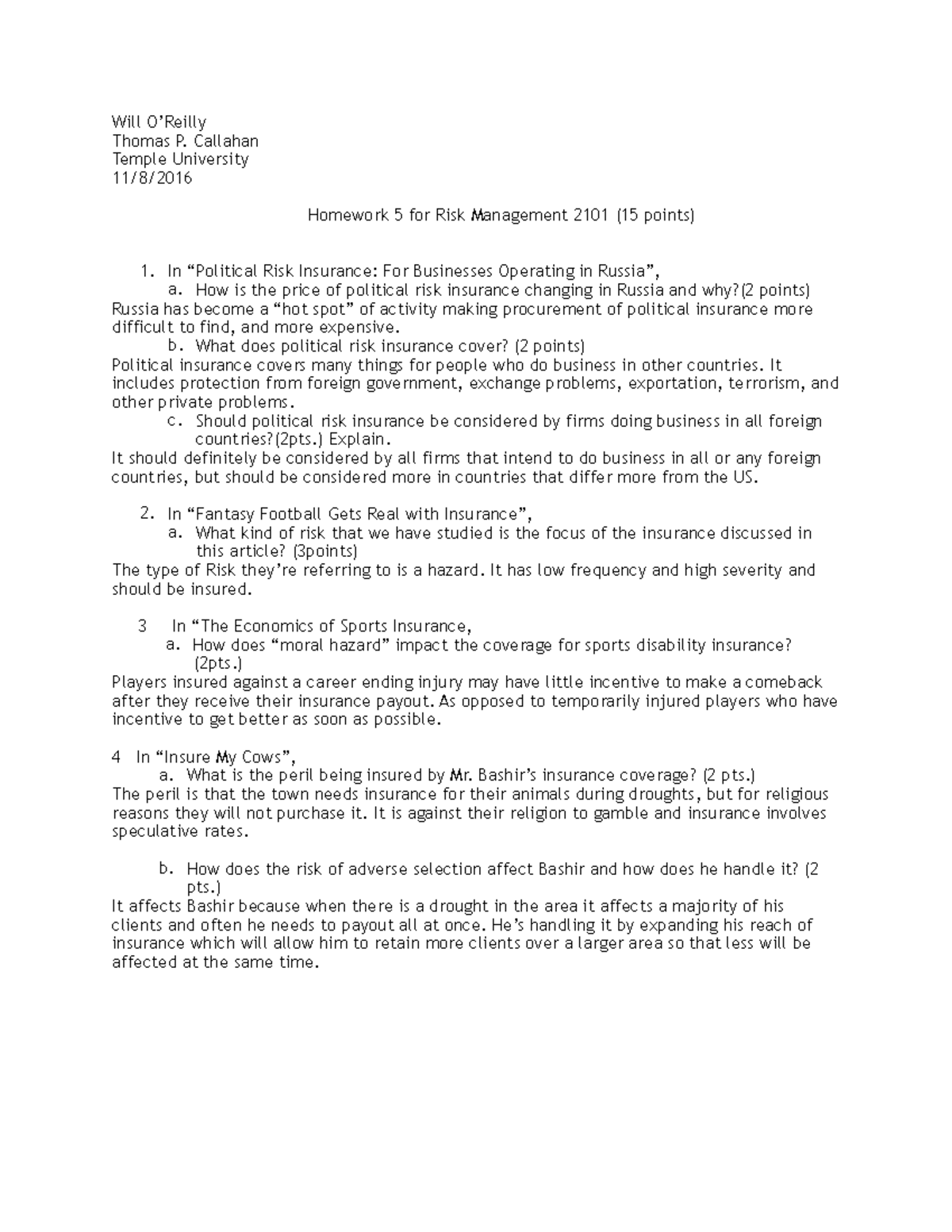 Risk - Homework 5 - Assignment - Will O’Reilly Thomas P. Callahan ...