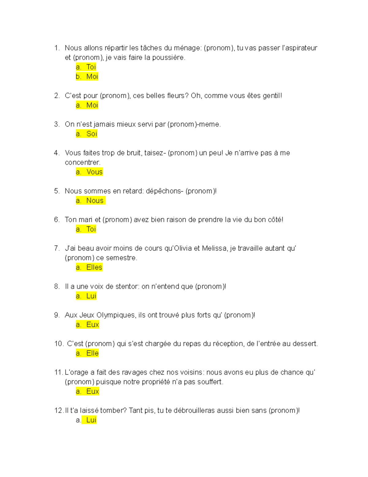 Pronoms disjoints study guide - Nous allons répartir les tâches du ...