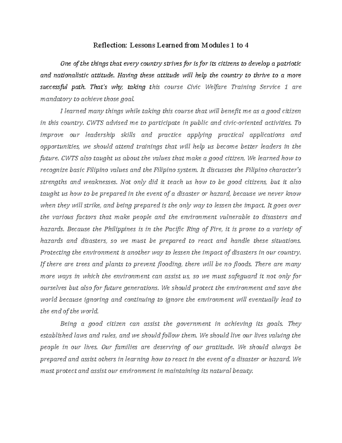 Document 1 - Grade: A - Reflection: Lessons Learned from Modules 1 to 4 ...