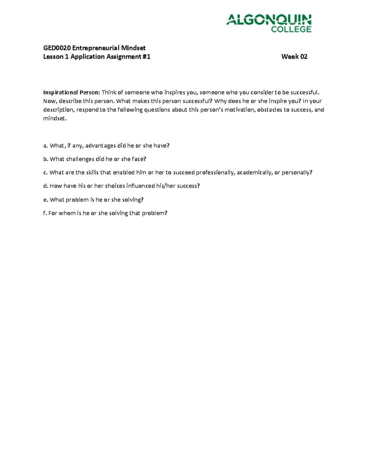 Ged0020 Lesson 1 Application Assignment 1 Ged0020 Entrepreneurial Mindset Lesson 1 Application