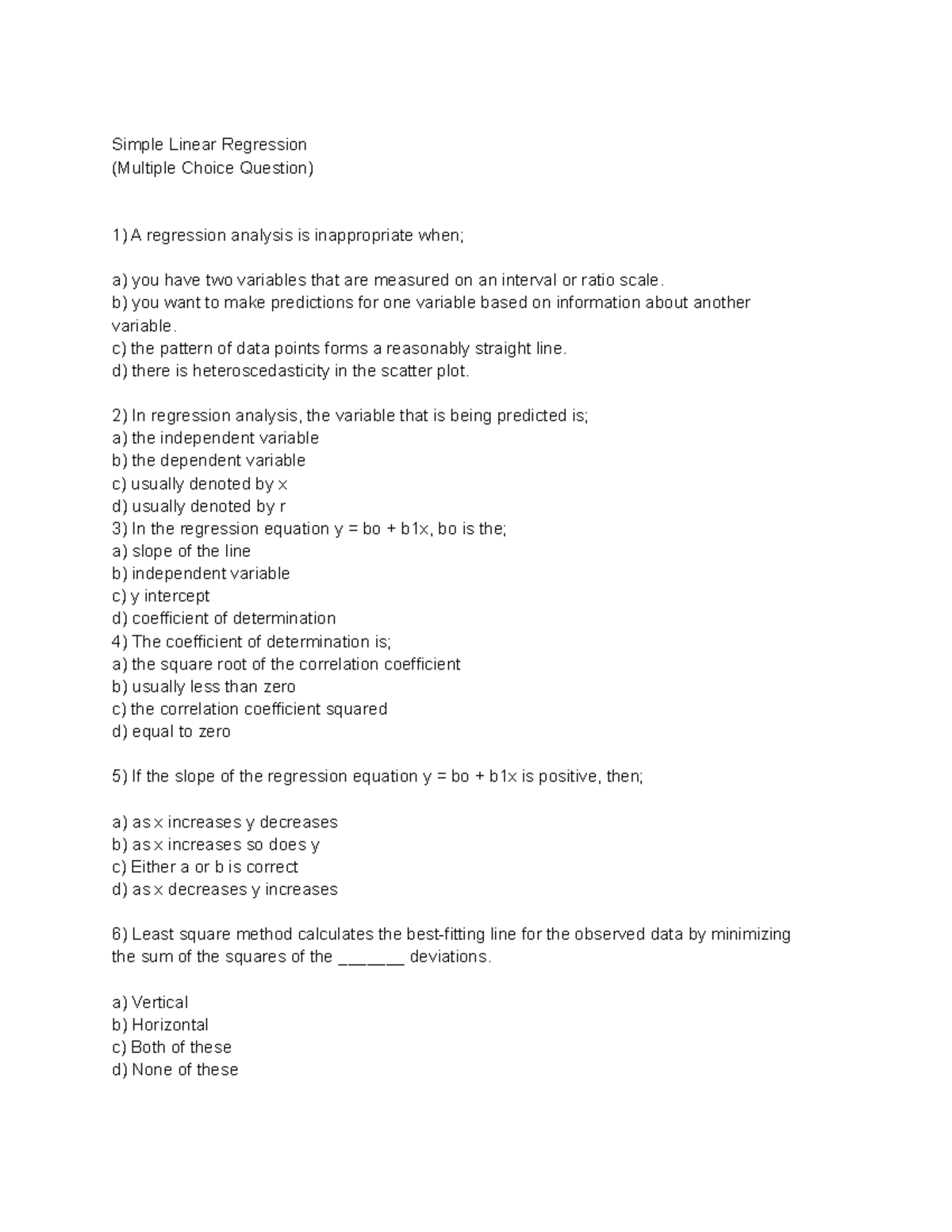 MCQ's of the economics - Simple Linear Regression (Multiple Choice Question) A regression ...