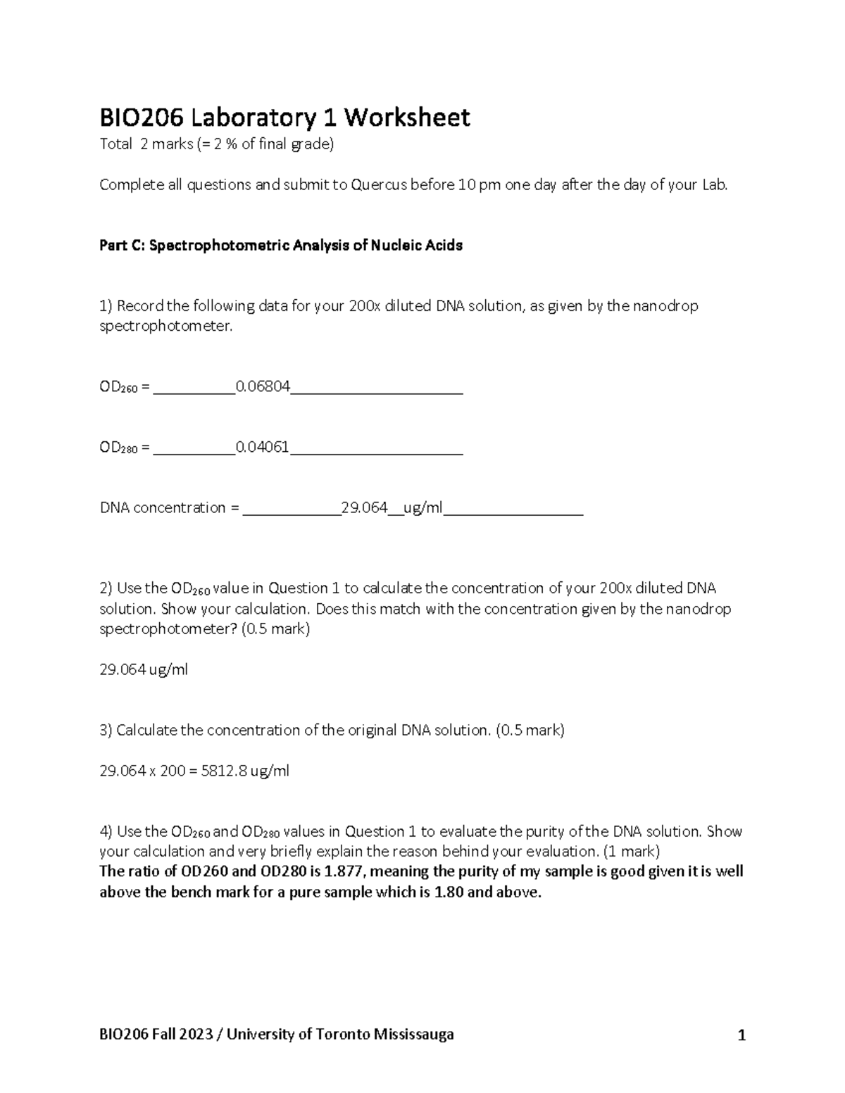 BIO206 Lab 1 Worksheet Sartaz Kasana - BIO206 Fall 2023 / University of ...