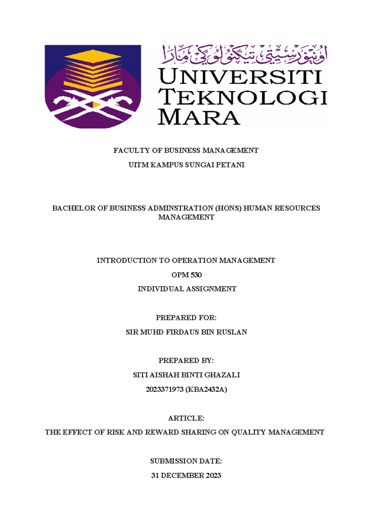 Operation management - FACULTY OF BUSINESS MANAGEMENT UITM KAMPUS ...