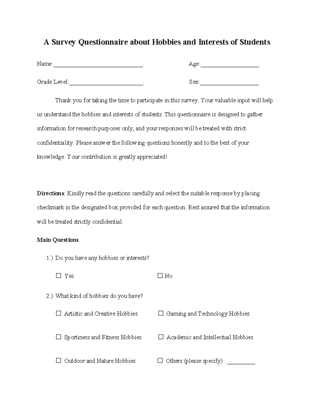 Survey - Research made - A Survey Questionnaire about Hobbies and ...