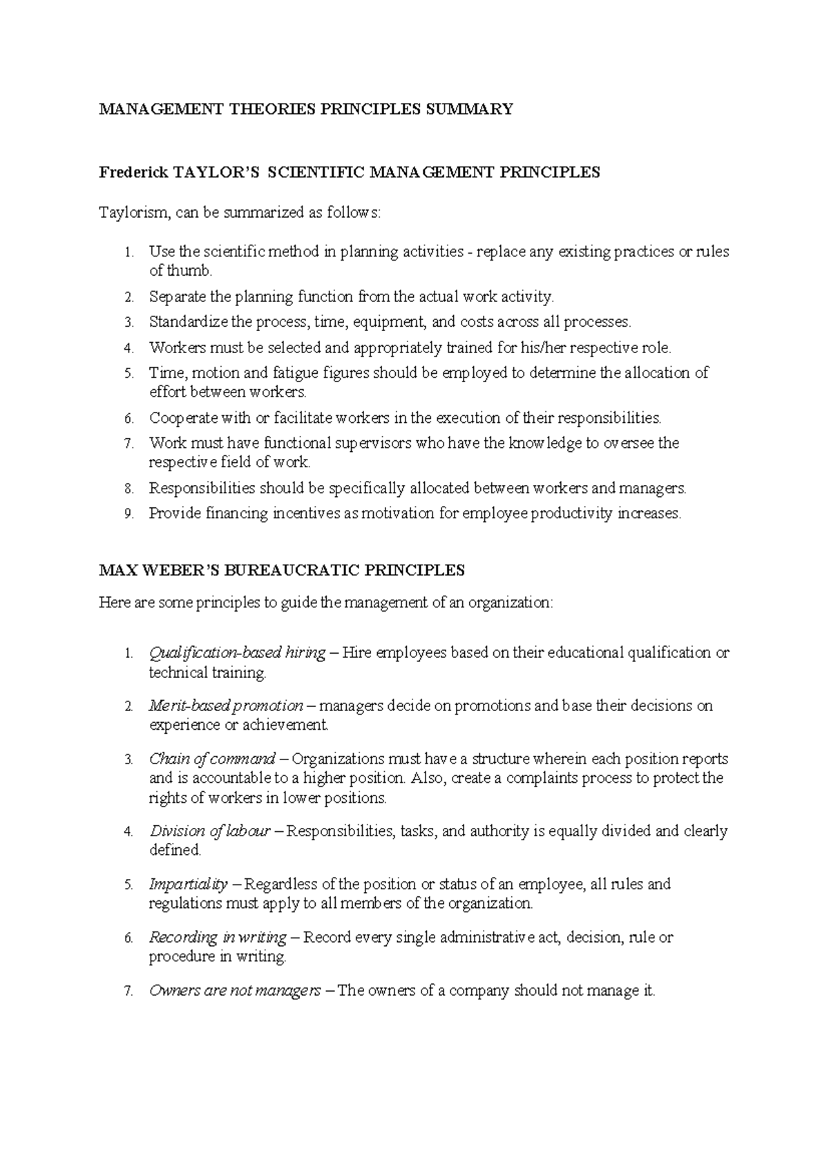 Management Theory Principles Summary - MANAGEMENT THEORIES PRINCIPLES ...