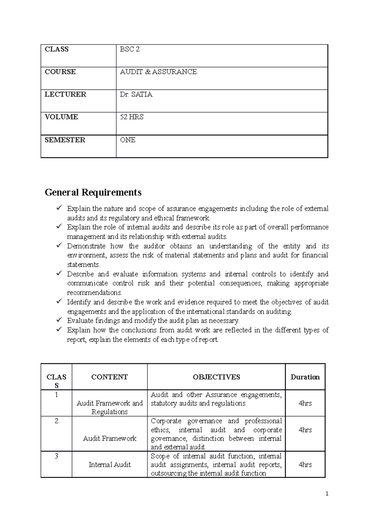 Bsc 2 audit course outline - CLASS BSC 2 COURSE AUDIT & ASSURANCE ...