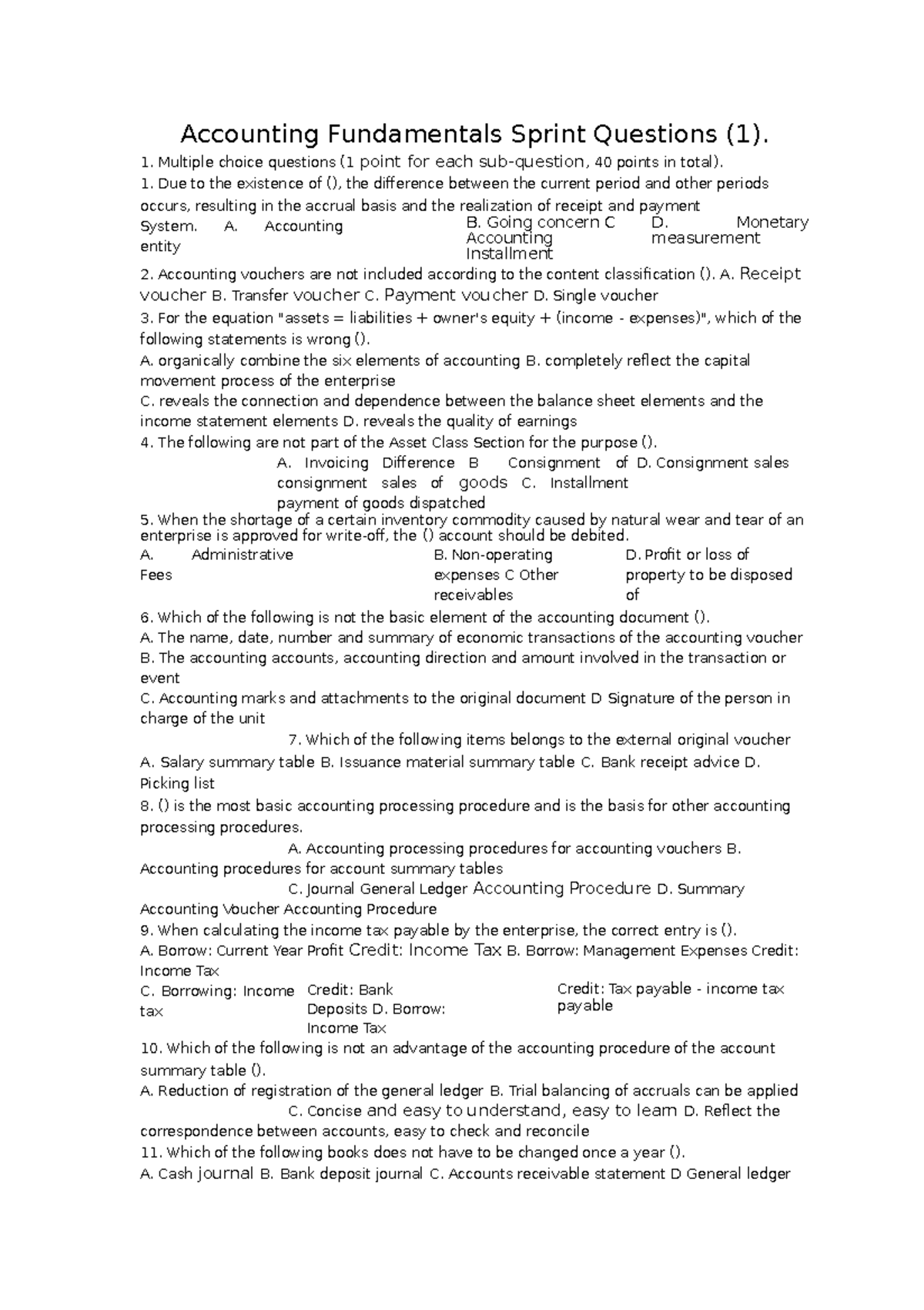 Accounting Fundamentals Sprint Questions - 1. Multiple choice questions ...