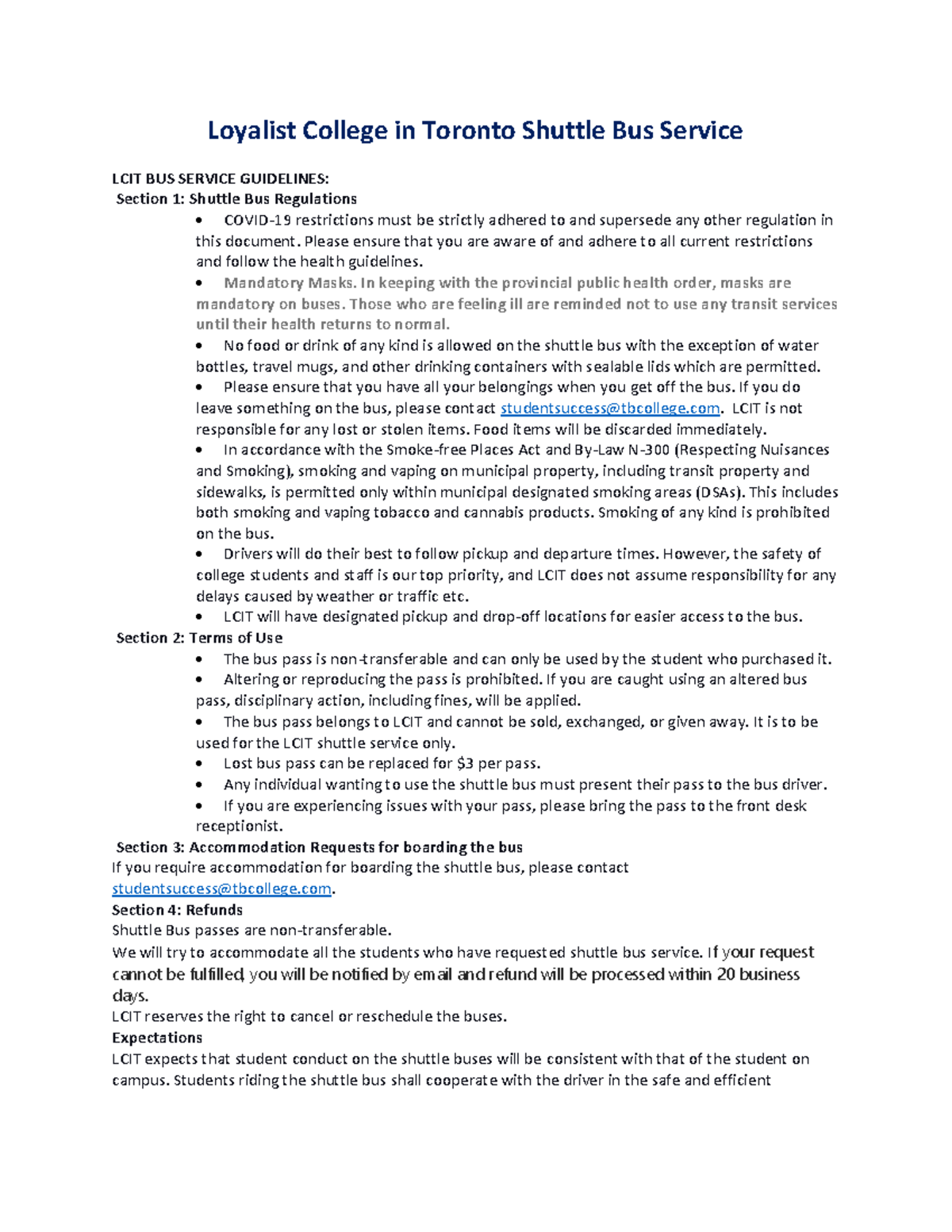 LCIT Bus Service Guidelines - Loyalist College in Toronto Shuttle Bus ...