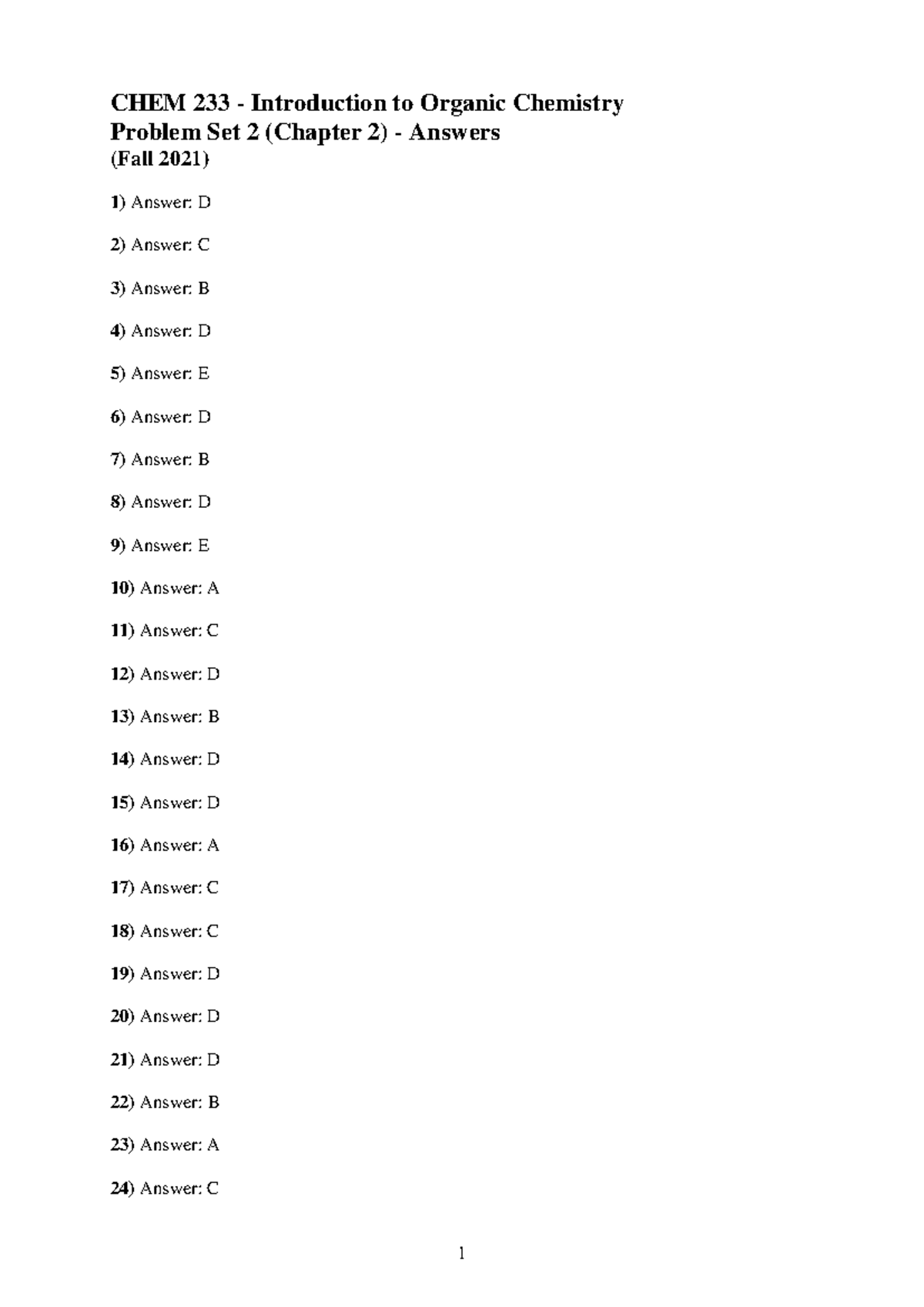 Problem Set 2 CHEM233 F2021 Answers - 1 CHEM 233 - Introduction to ...