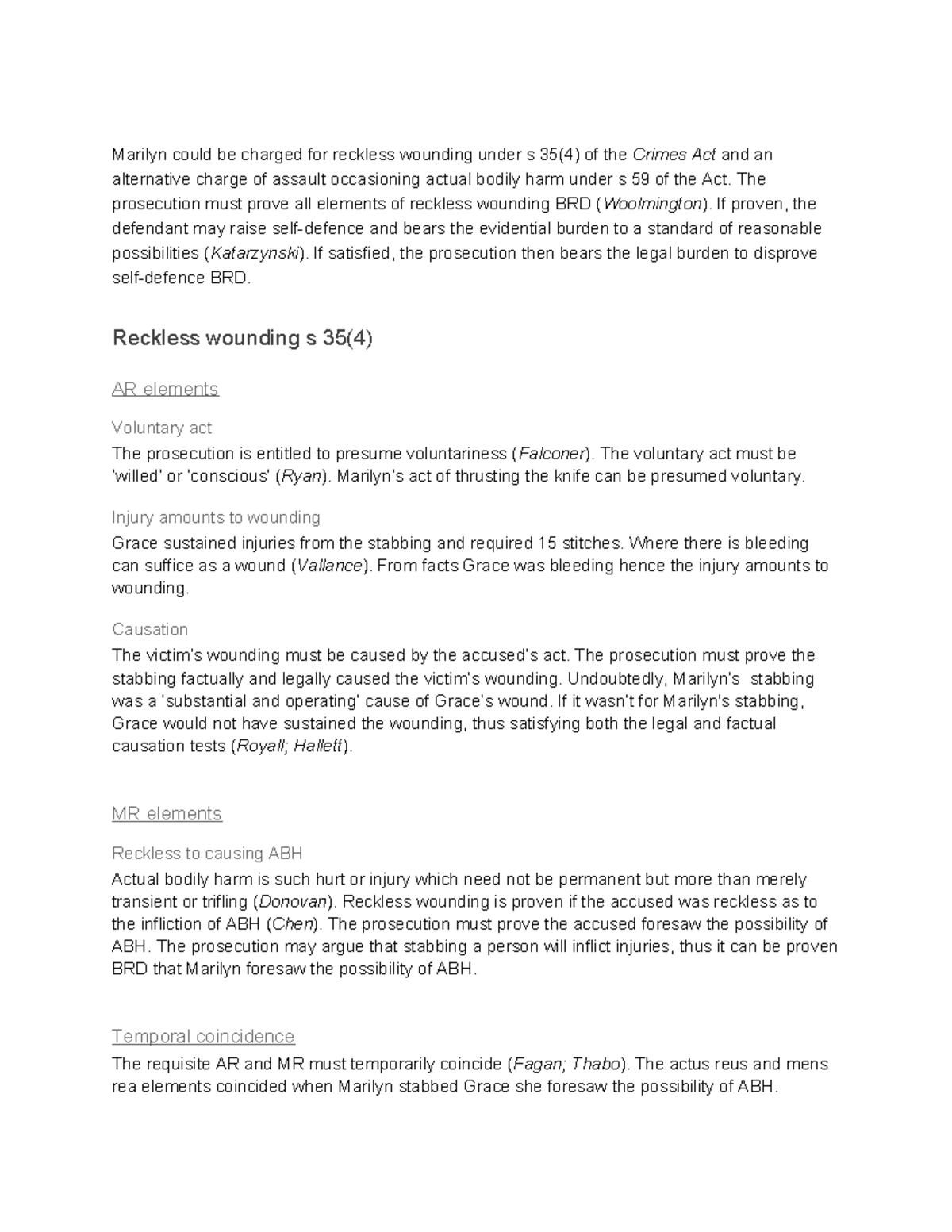 Reckless wounding Problem Question - Marilyn could be charged for ...