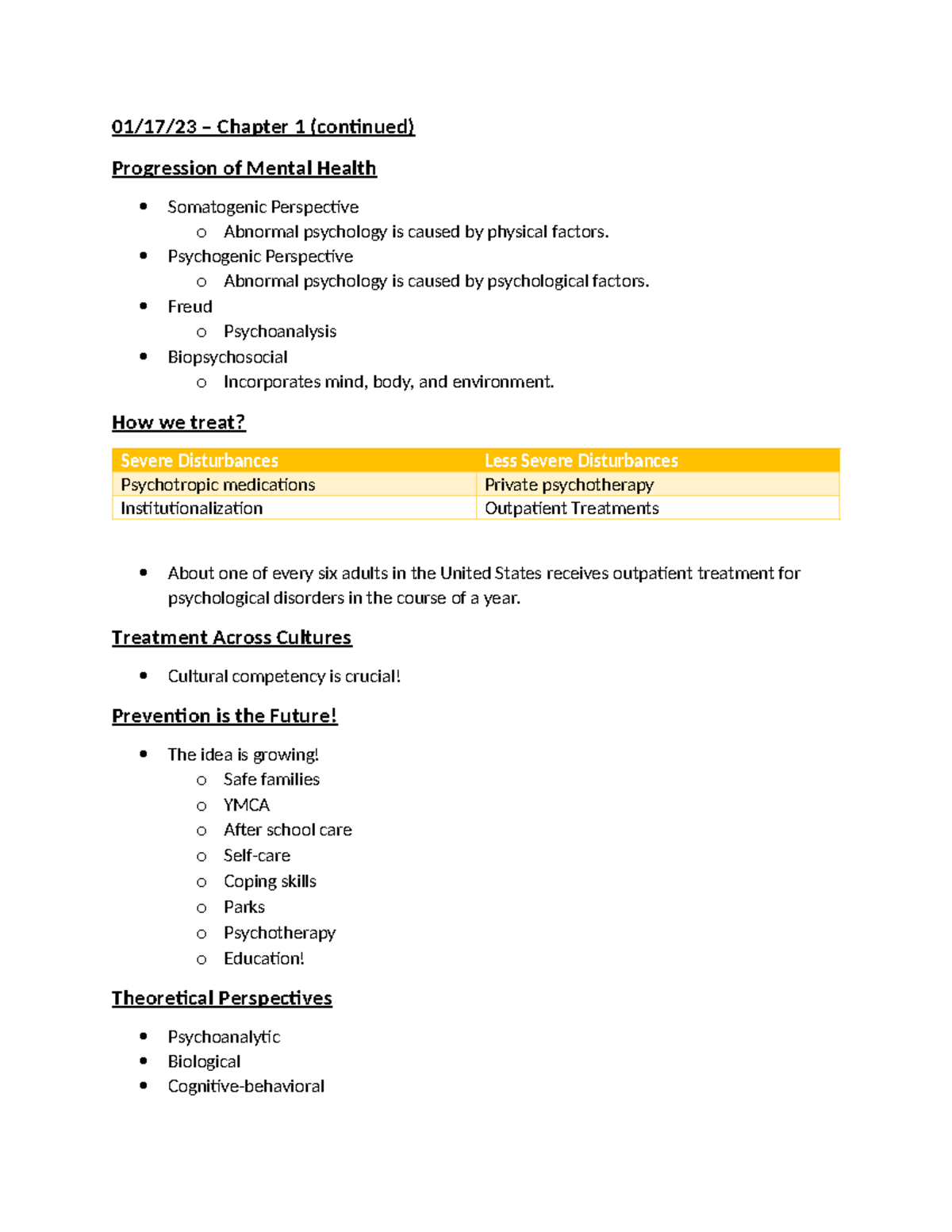 Notes 01-17-23 - 01/17/23 – Chapter 1 (continued) Progression of Mental ...