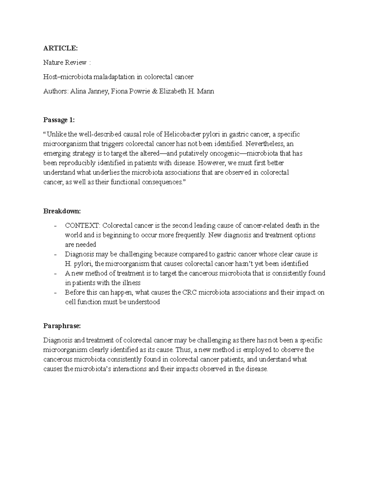 BIOL 1090 Paraphrasing Assignment - ARTICLE: Nature Review : Host ...