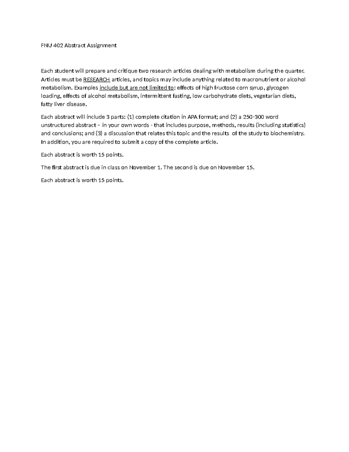 Abstract assignment - FNU 402 Abstract Assignment Each student will ...