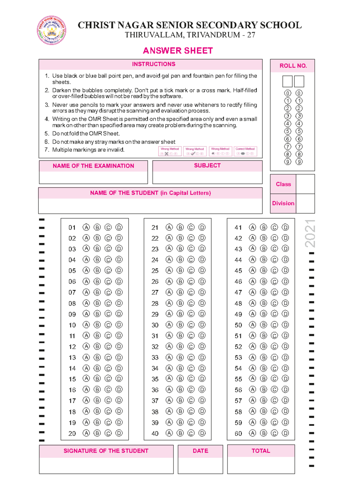 OMR-Sheet - it helps to answer multiple choice question. - CHRIST NAGAR ...