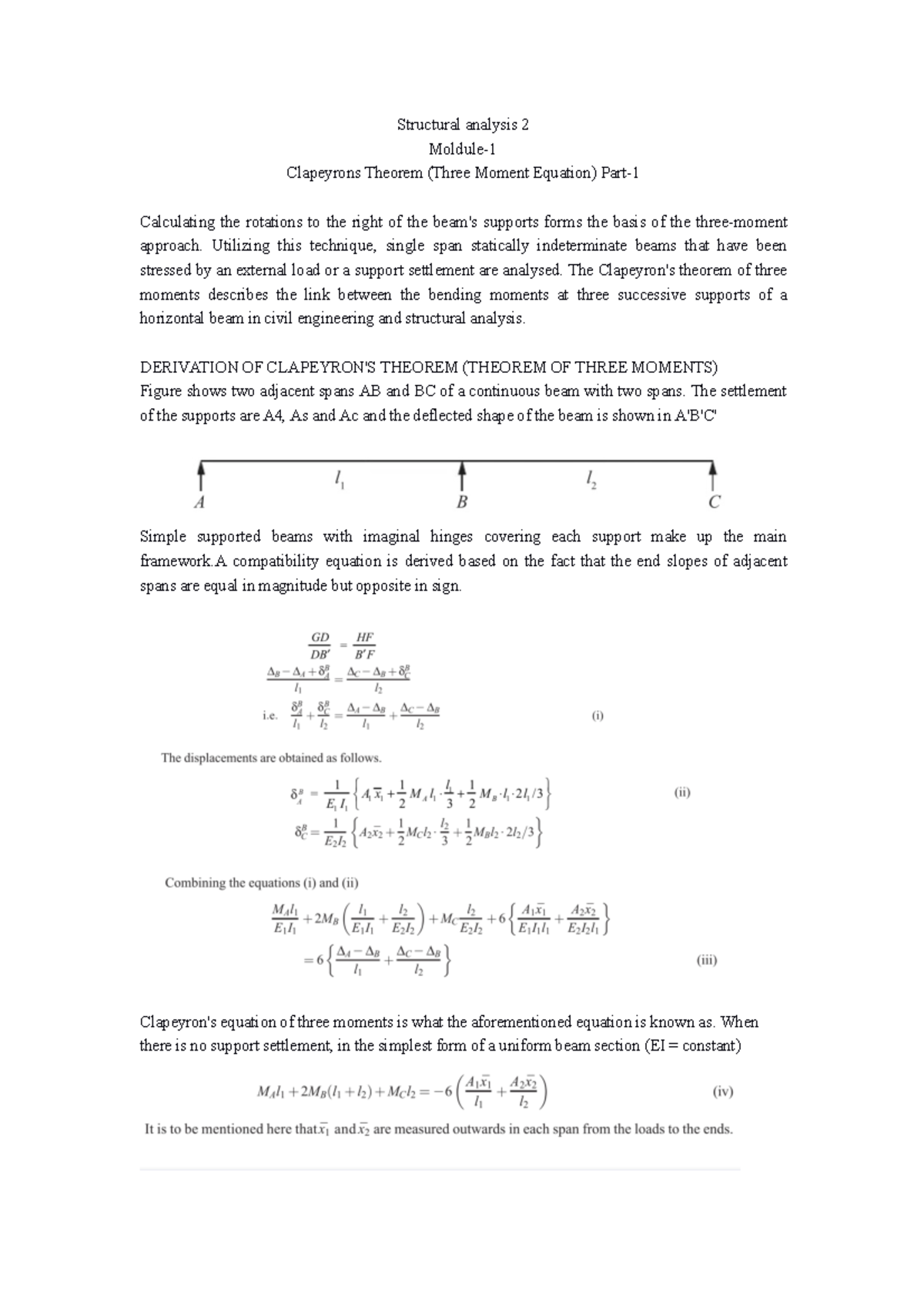 Three moment equation - Module 1 - Structural analysis 2 Moldule- Clapeyrons Theorem (Three ...