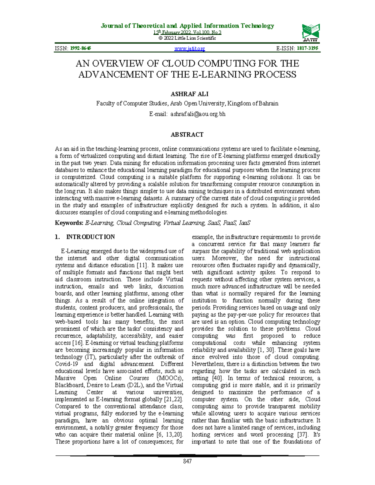 22Vol100No3 - paper - 15 th February 2022. Vol. No 3 © 2022 Little Lion ...