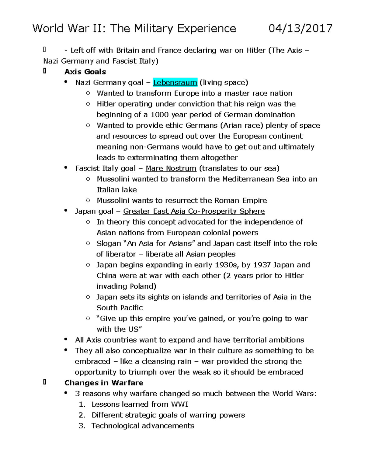 World War II: The Military Experience 041317 - Lessons learned from WWI ...