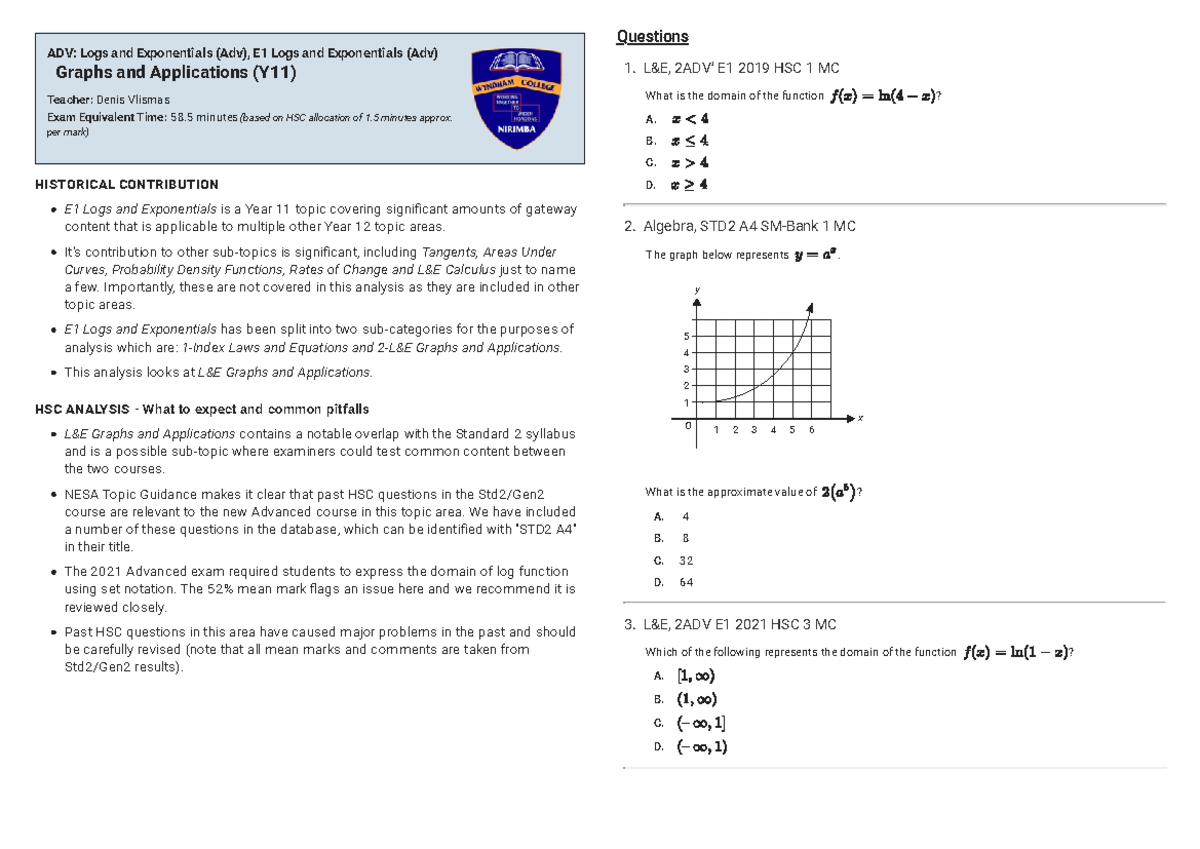 Graphs and Applications (Y11) - ADV: Logs and Exponentials (Adv), E1 ...