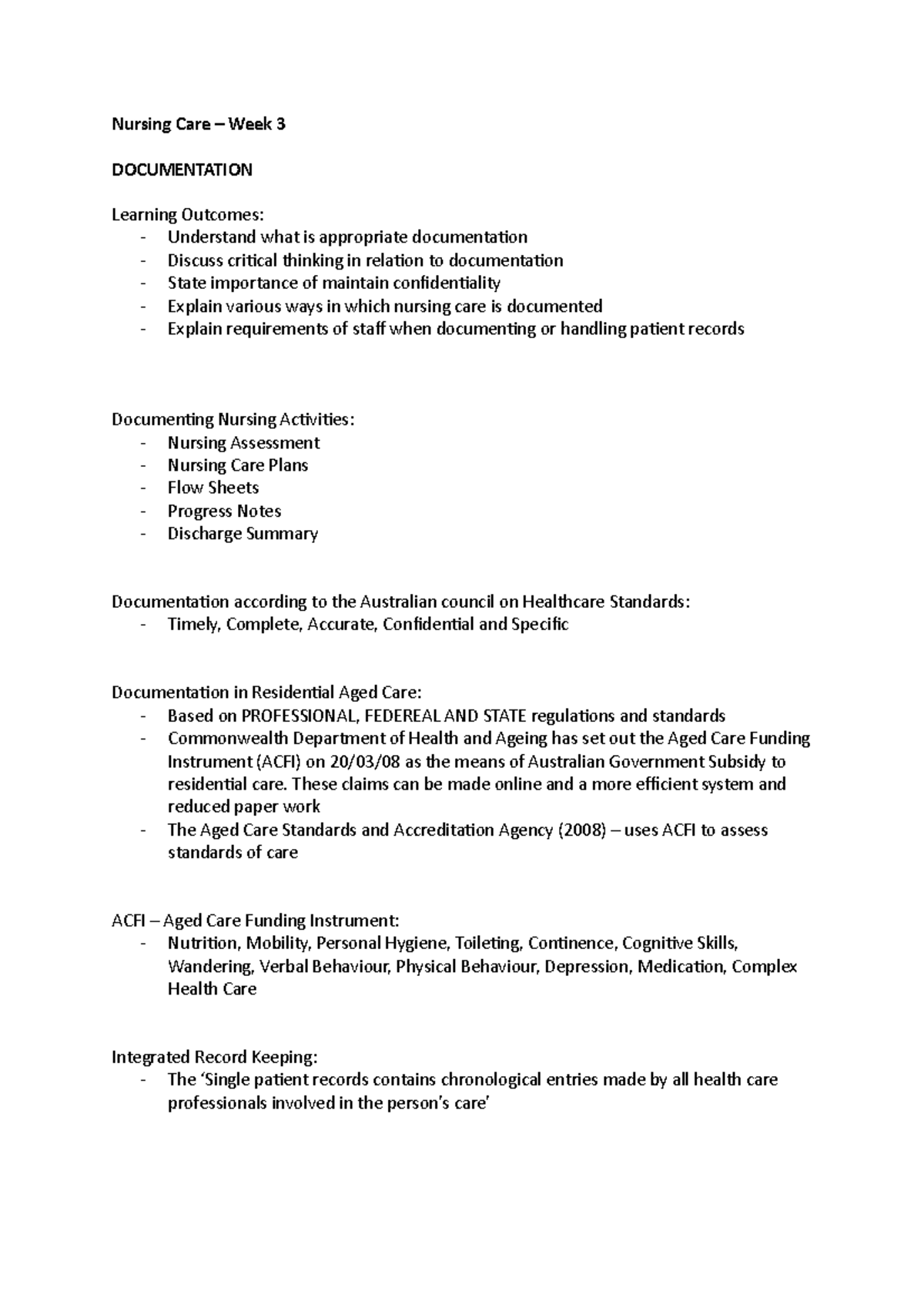 Notes WEEK 3 - documentation - Nursing Care – Week 3 DOCUMENTATION ...