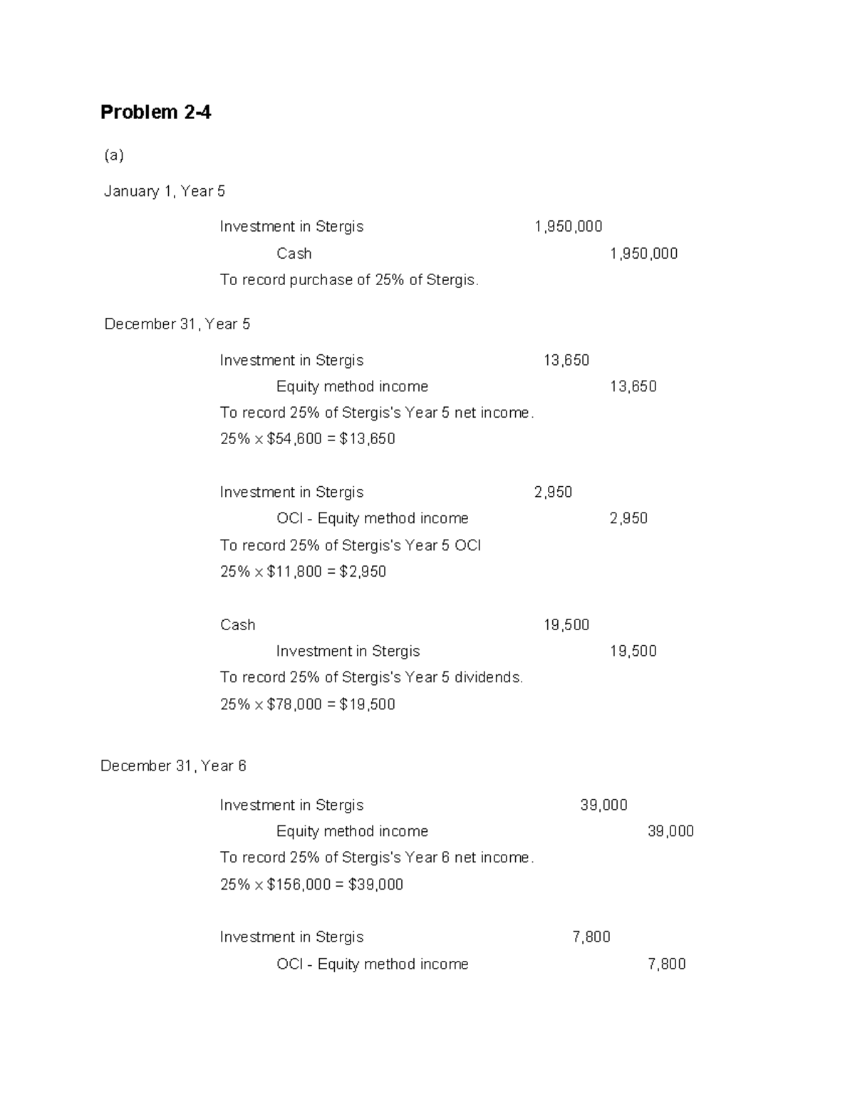 Problem 2.4 - Investments in Equity Securities - (a) Problem 2- January 1, Year Investment in ...