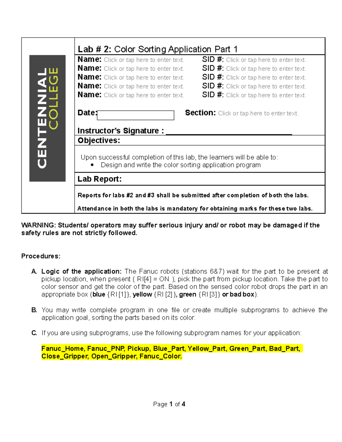 ROBO247 Lab 2 23M-color sorting 1 (Fanuc) - Lab # 2: Color Sorting Application Part 1 Name ...