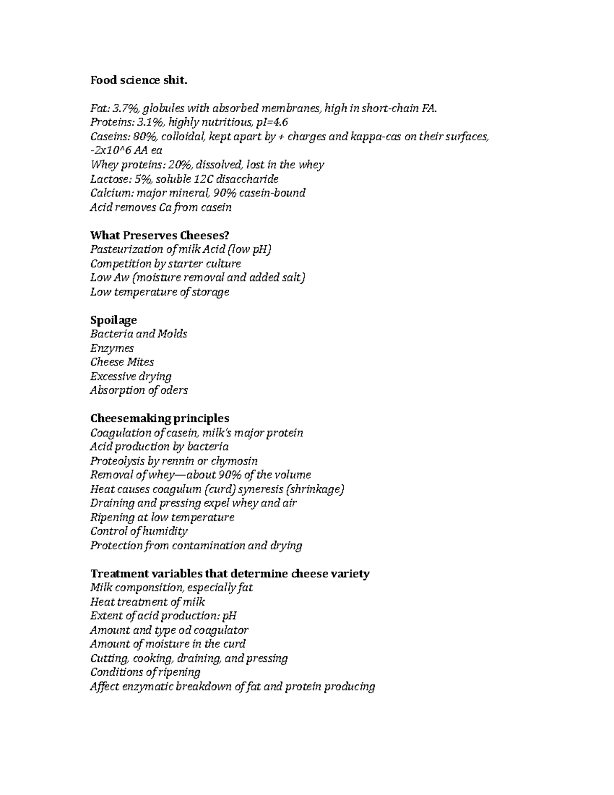 Food science notes Cheesemaking - Food science shit. Fat: 3%, globules ...