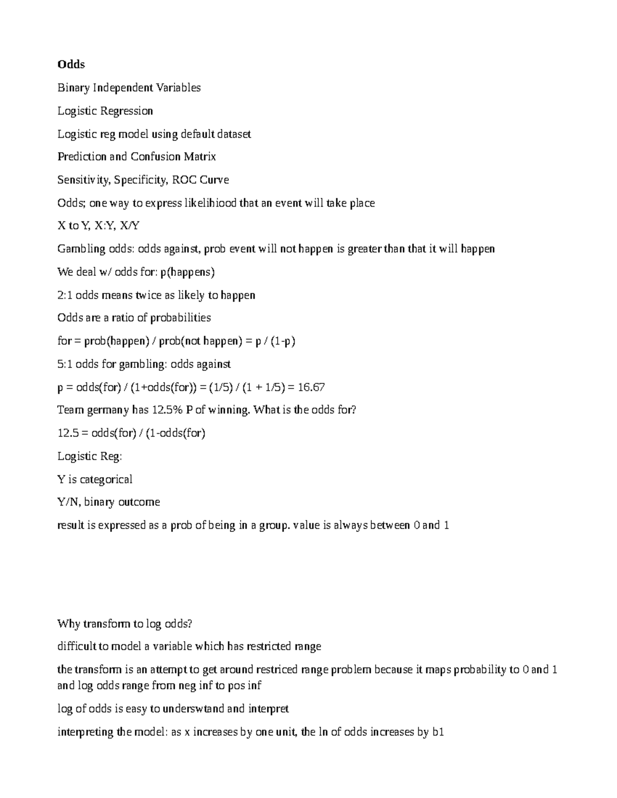 MGT6203 Module 4 notes - Odds Binary Independent Variables Logistic ...