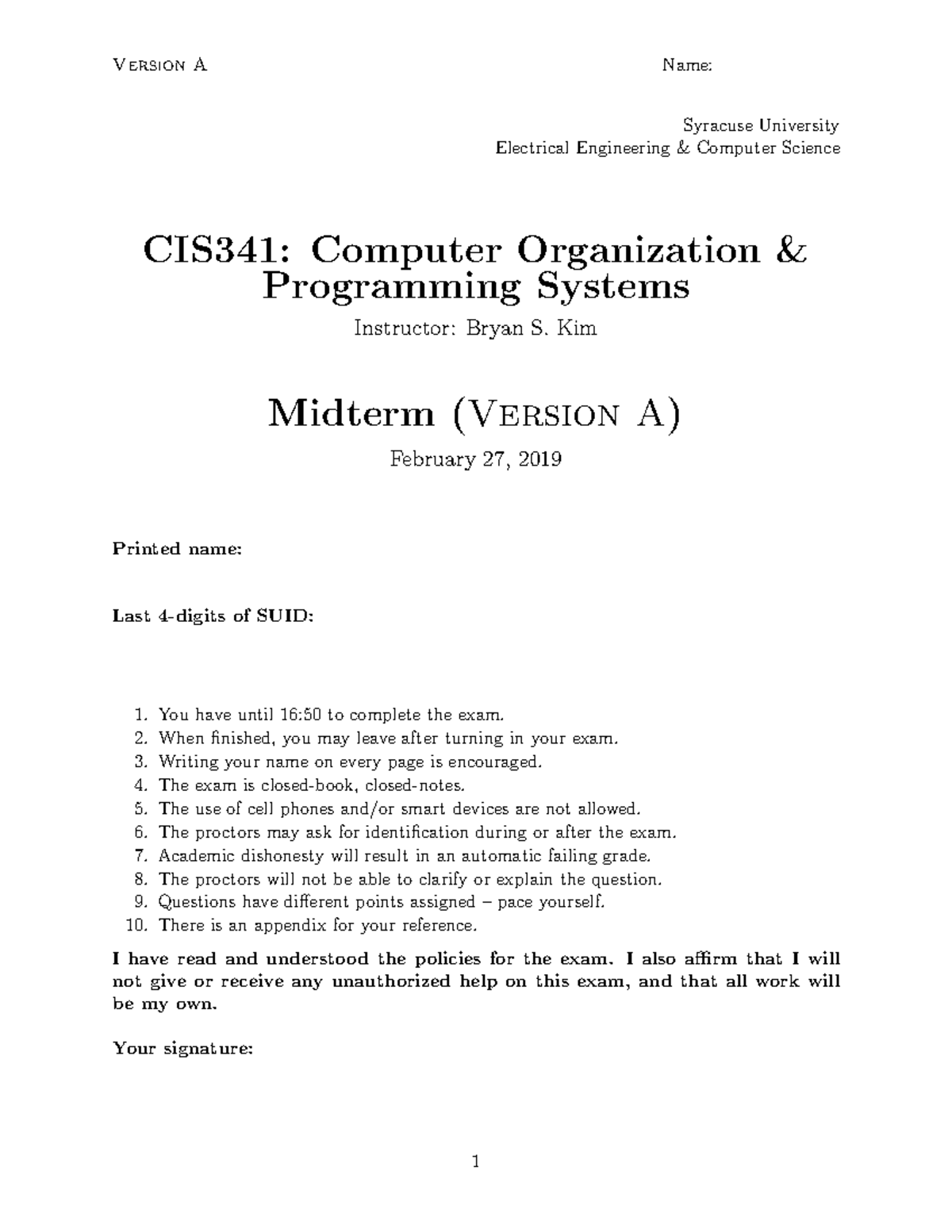 Sp20 cis341 midterm - Syracuse University Electrical Engineering & Computer Science CIS341 ...