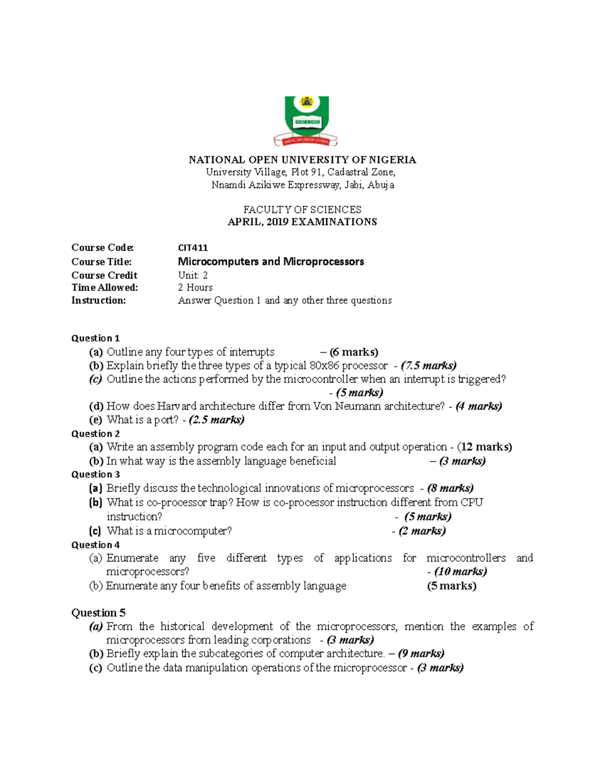 CIT411-april-2019 - Past questions - NATIONAL OPEN UNIVERSITY OF ...
