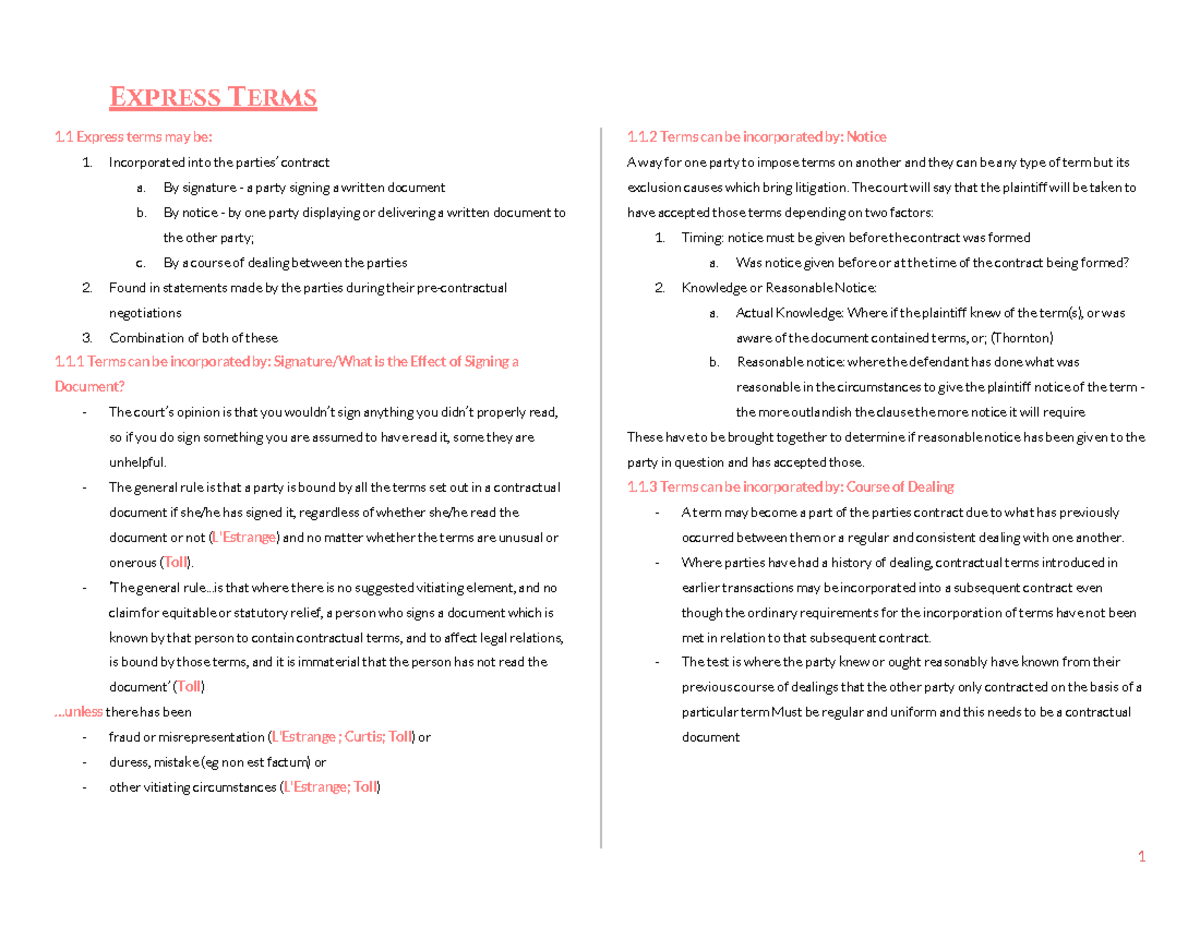 Contracts Exam Notes - Summary Law Of Contract B - Express Terms 1 ...