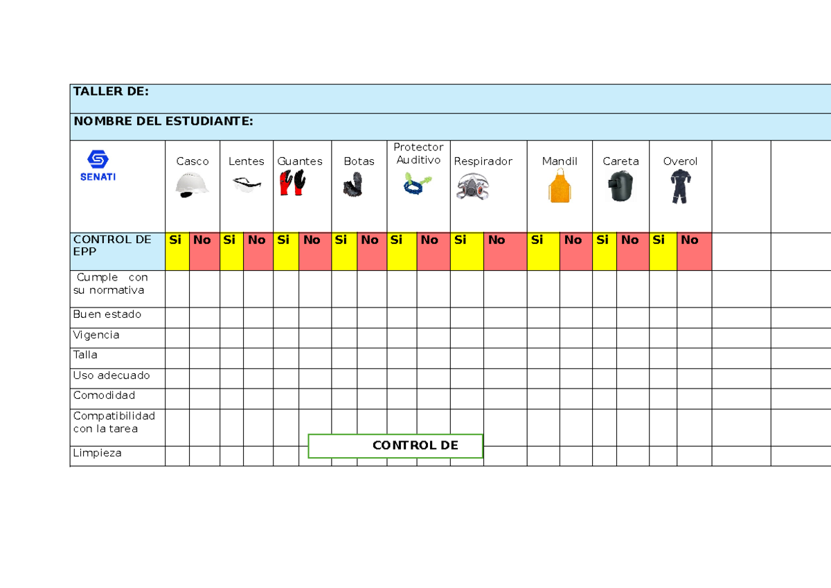 Control DE EPP - matriz de epp - Seguridad y Salud en el Trabajo - TALLER DE: NOMBRE DEL ...