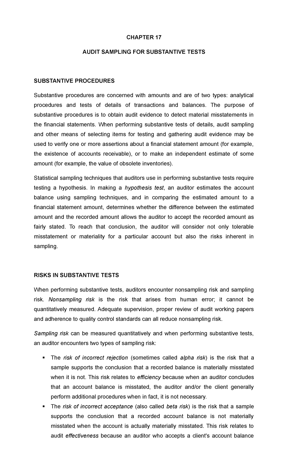 PRE 1 Auditing- Chapter 17 Summary - CHAPTER 17 AUDIT SAMPLING FOR ...