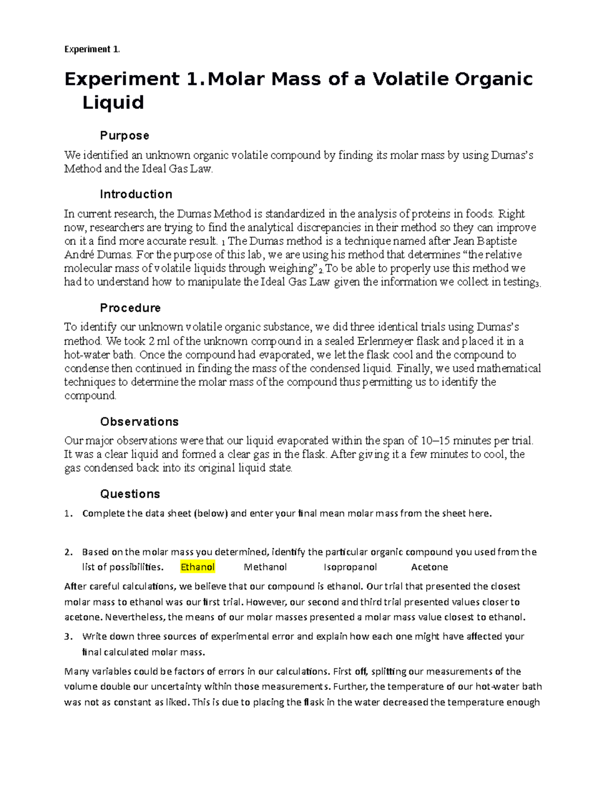 LAB 1 Molar mass - Experiment 1. Experiment 1. Molar Mass of a Volatile ...