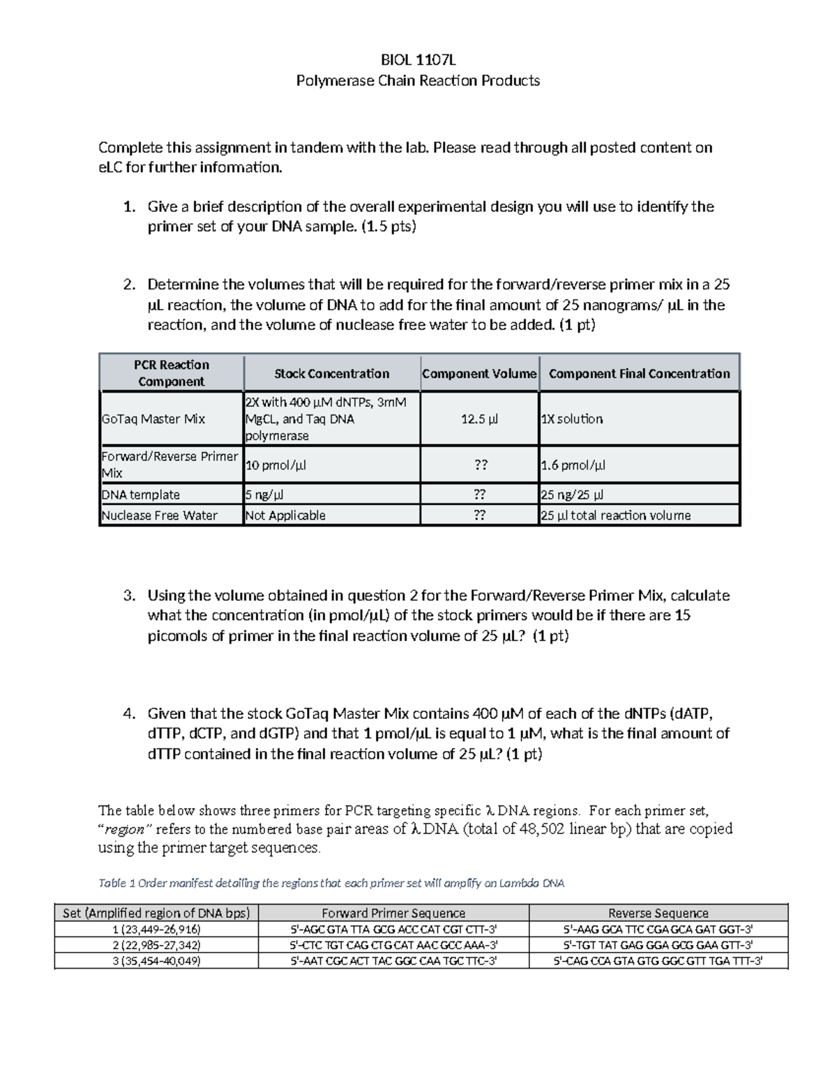 BIOL 1107L Polymerase Chain Reaction Products - BIOL 1107L Polymerase ...