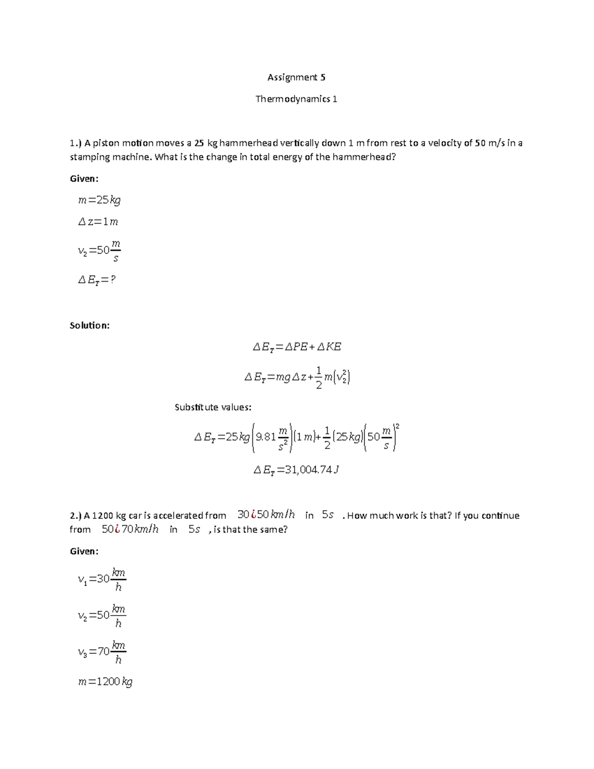 Assignment 5 - Thermodynamics problem solving. - PangSU - Studocu