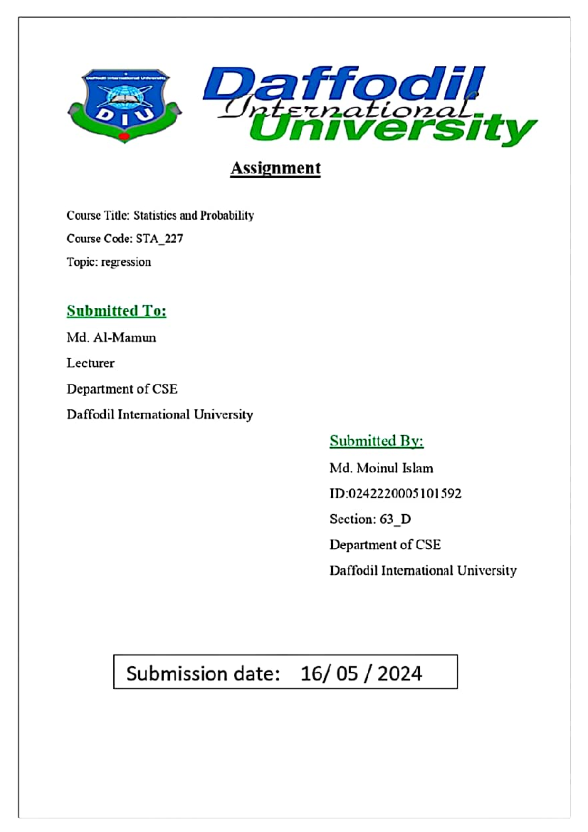 STA 1592 - good note - Daffodil International. University Assignment ...