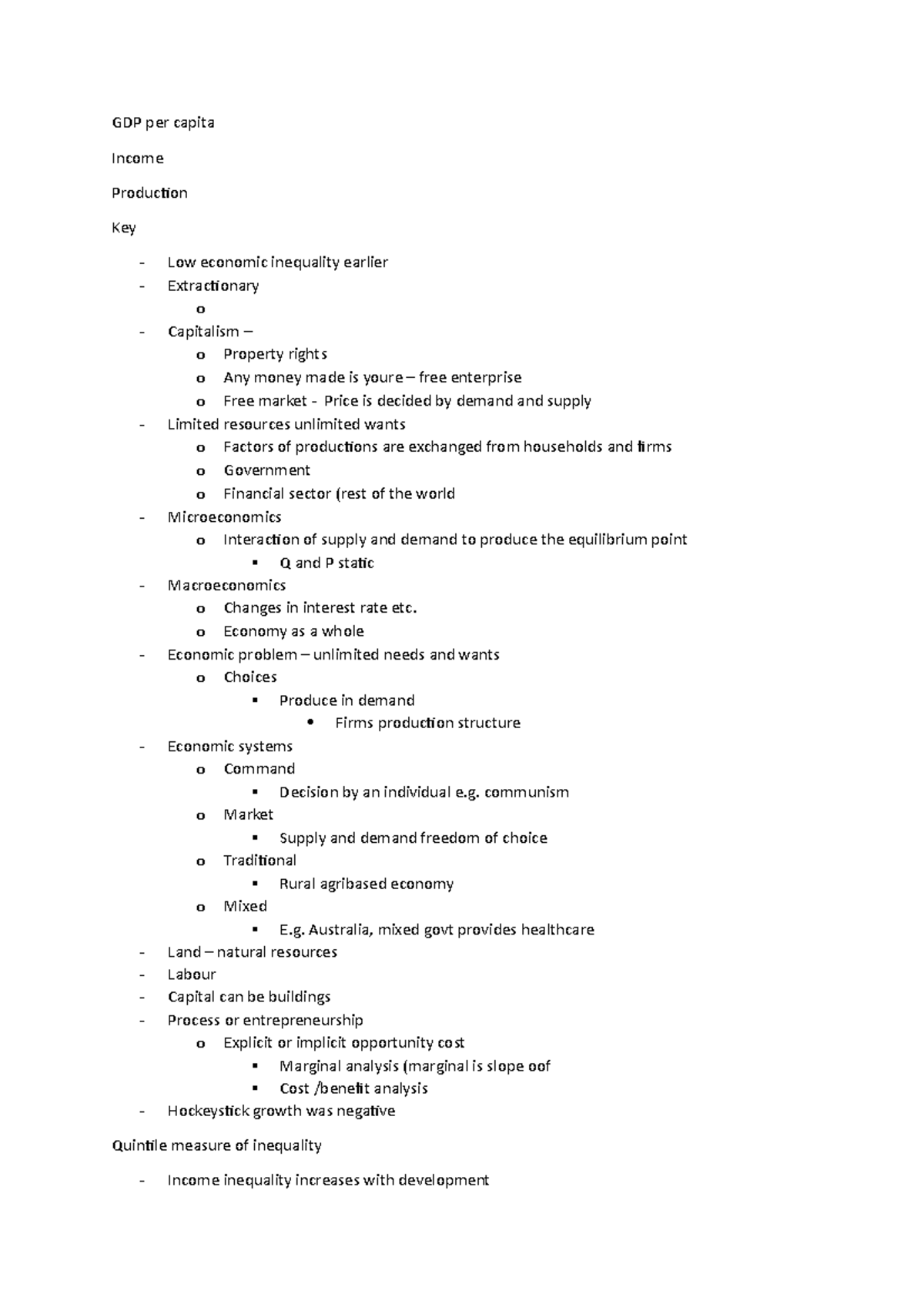 General key dot points throughout the entire course - GDP per capita ...