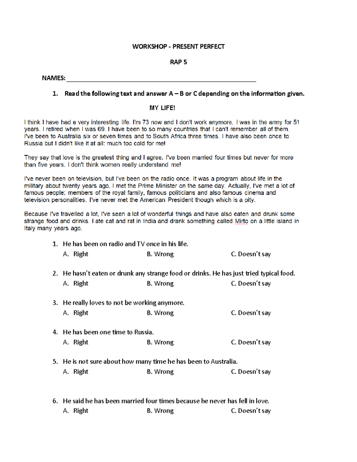 Present Perfect Workshop - RAP 2-3 (trabajo de refuerzo) - WORKSHOP ...