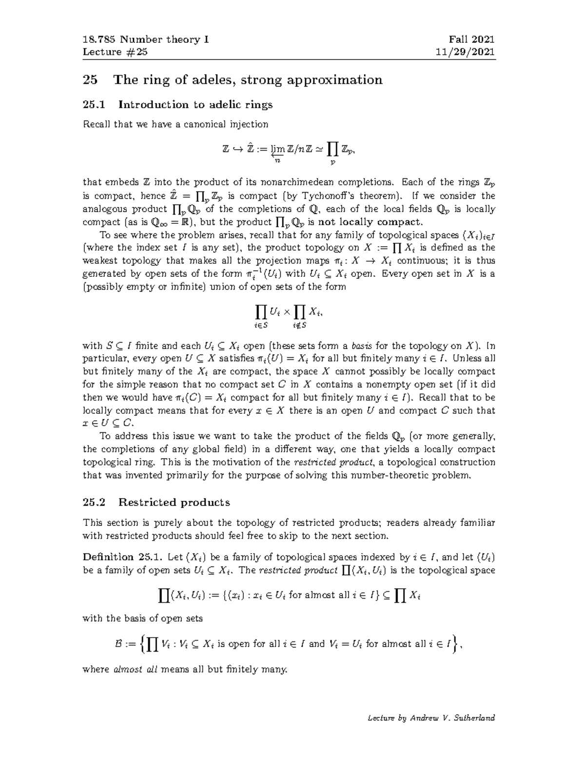 Number Theory I Lecture 25 - 18 Number theory I Lecture # Fall 2021 11 ...