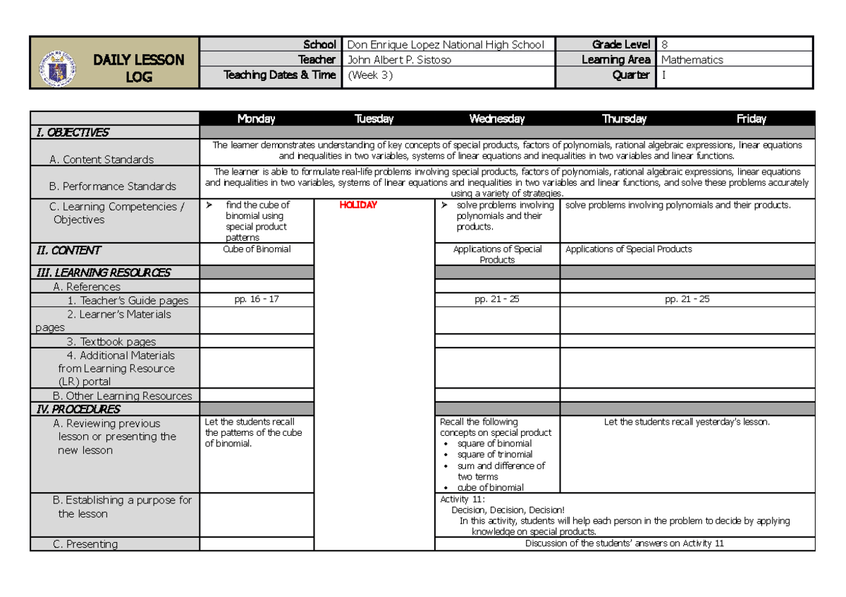 Sample Grade 8 DLL Q1W3 - DLL for mathematics - DAILY LESSON LOG School ...