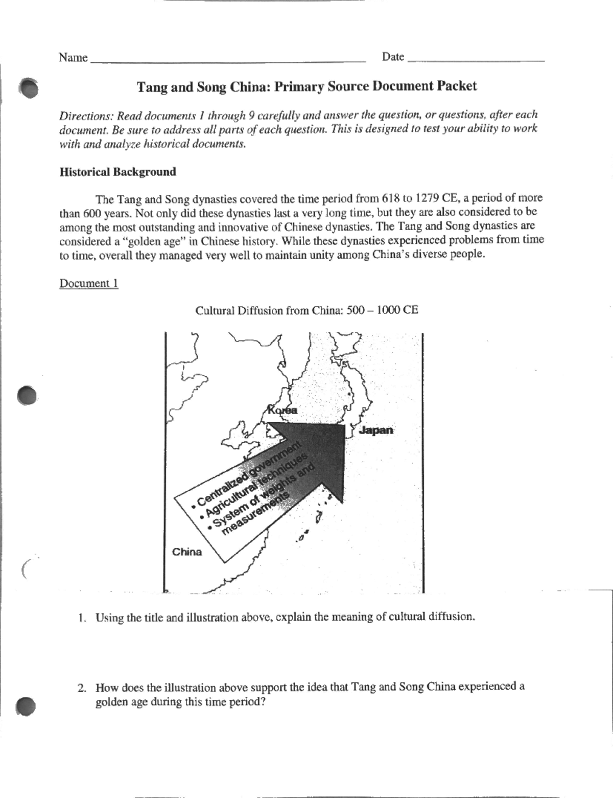 Tang and song document packet - Name Date Tang and Song China: Primary ...