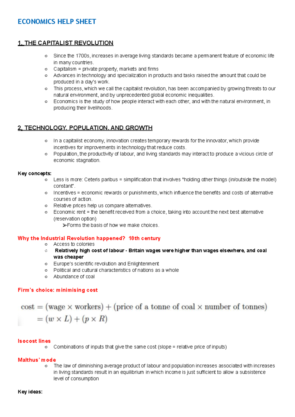 Econ help sheet - notes - ECONOMICS HELP SHEET 1. THE CAPITALIST ...