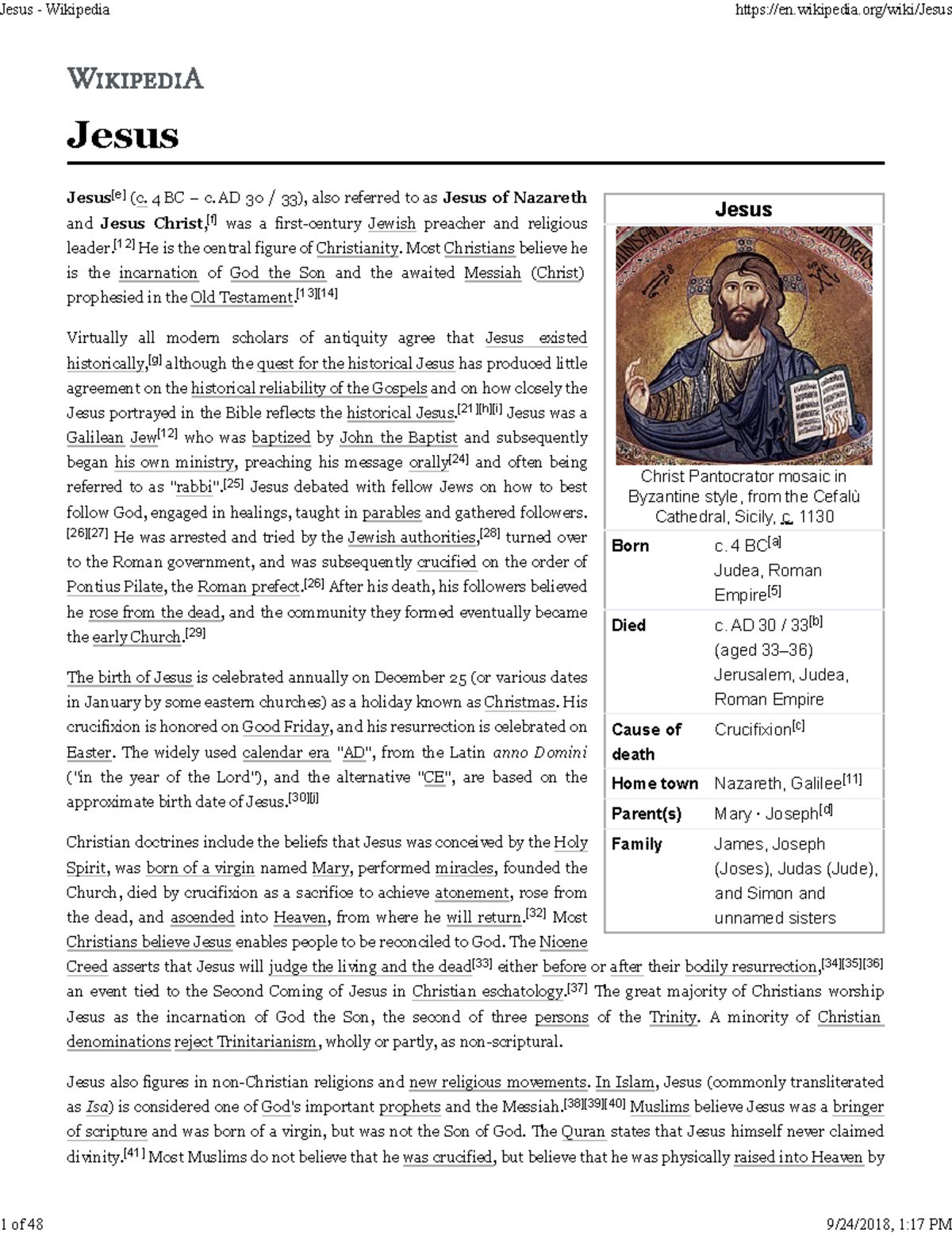 Jesus - wikipedia/wiki/Jesus Jesus Jesus[e] (c. 4 BC – c. AD 30 / 33 ...