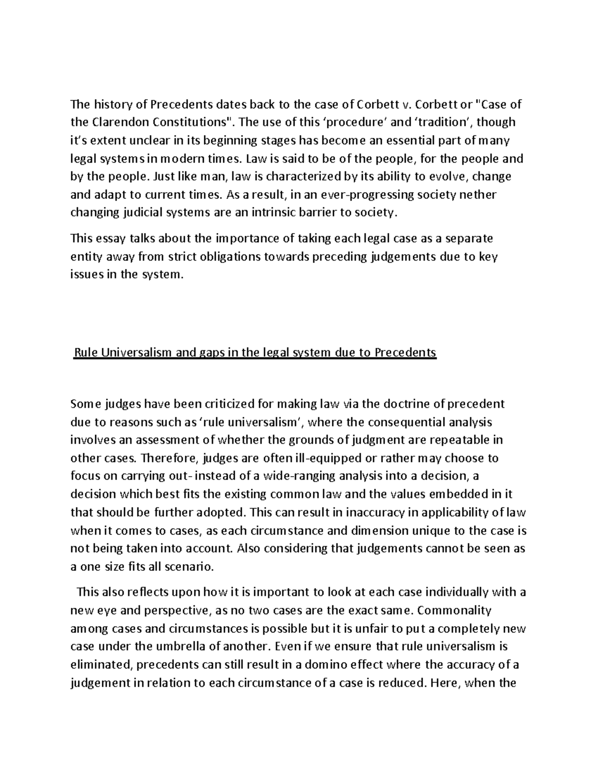 ELLM summative - The history of Precedents dates back to the case of ...