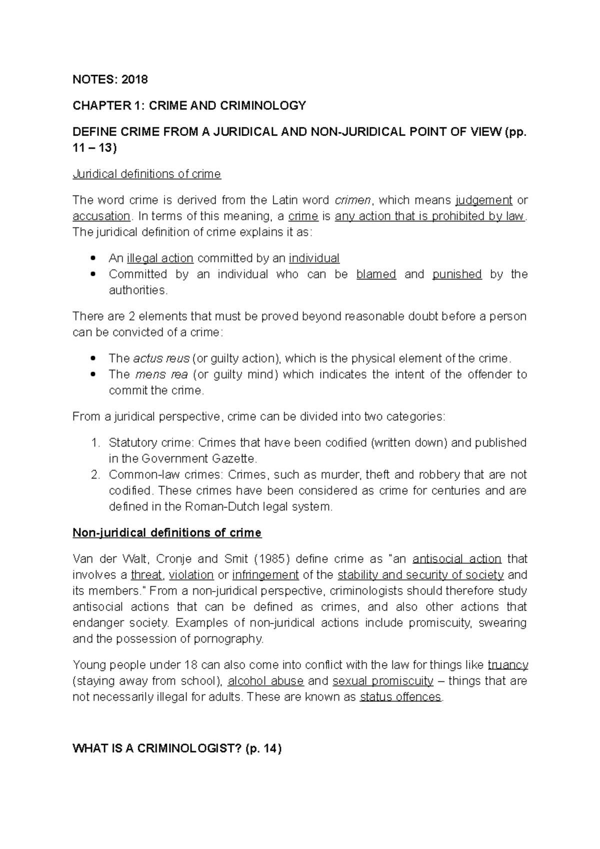 Criminology notes - All chapters covered - NOTES: 2018 CHAPTER 1: CRIME ...